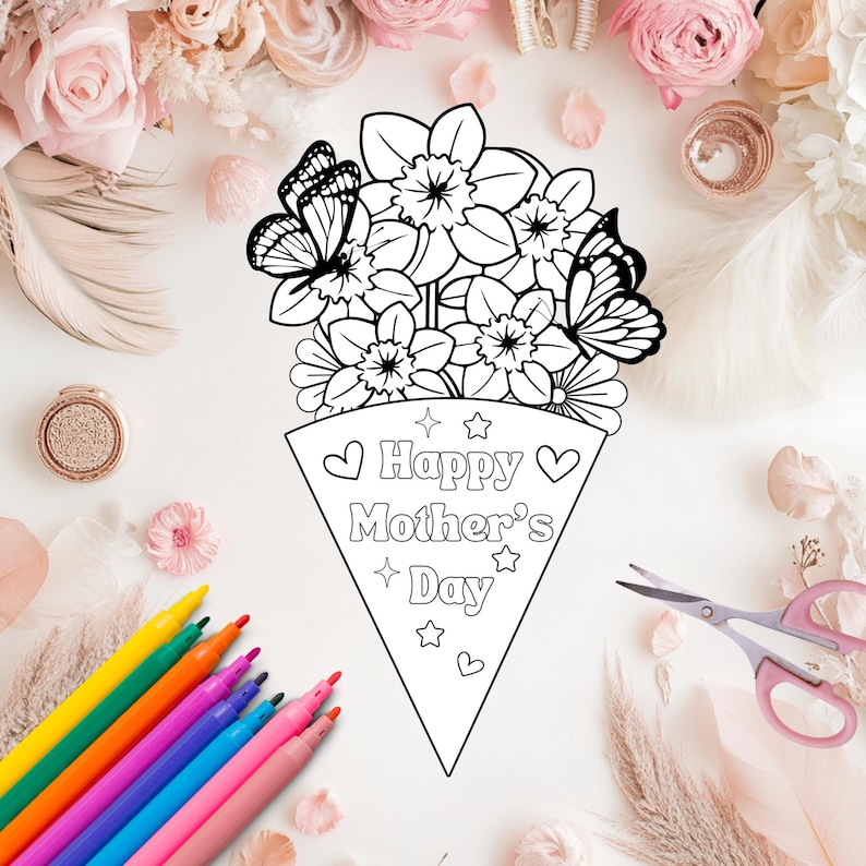 Mothers Day Printable Cut and Color Flowers Bouquet, Coloring Card Gift ...