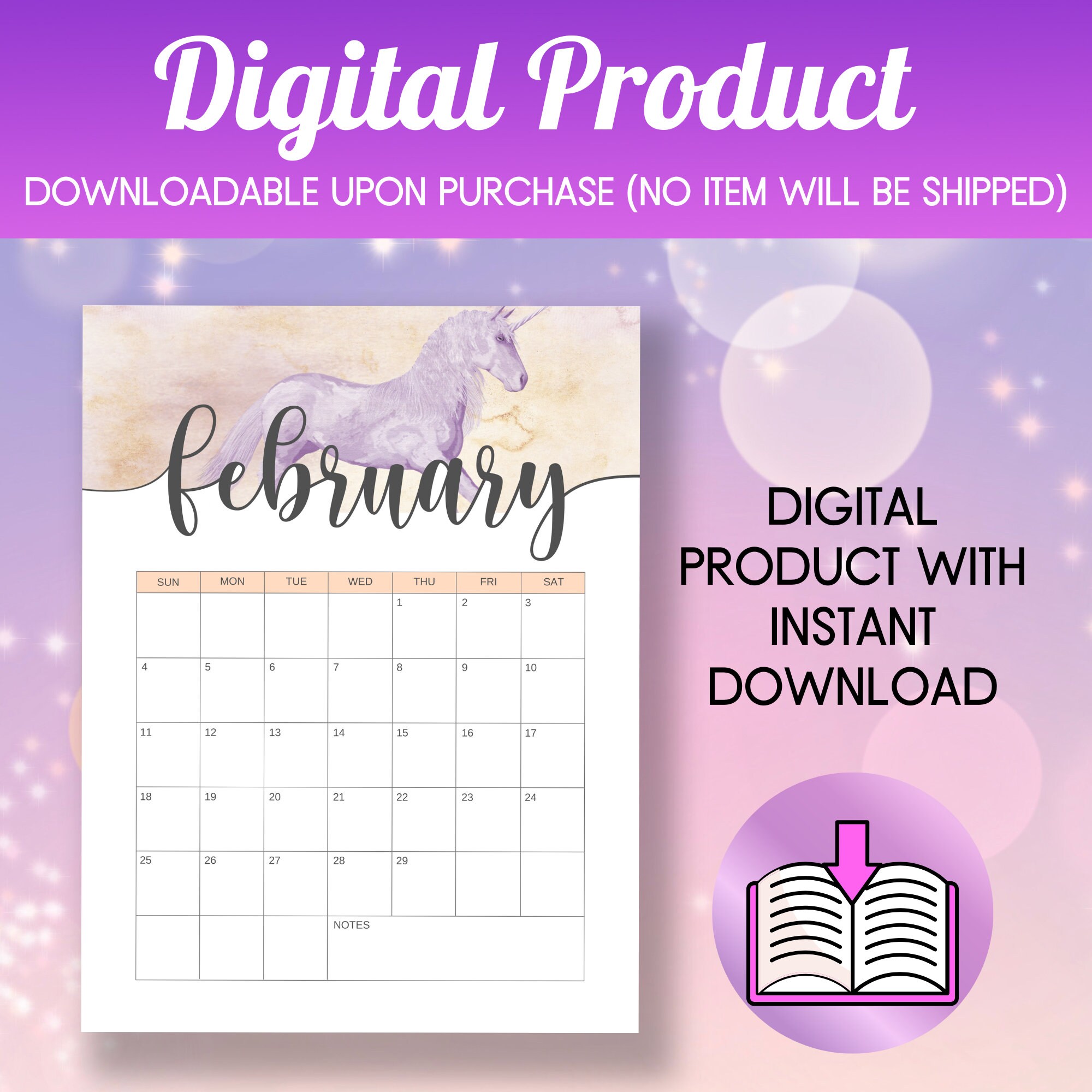 2024 Unicorn Calendar Printable Unicorn Watercolor 2024 - Etsy