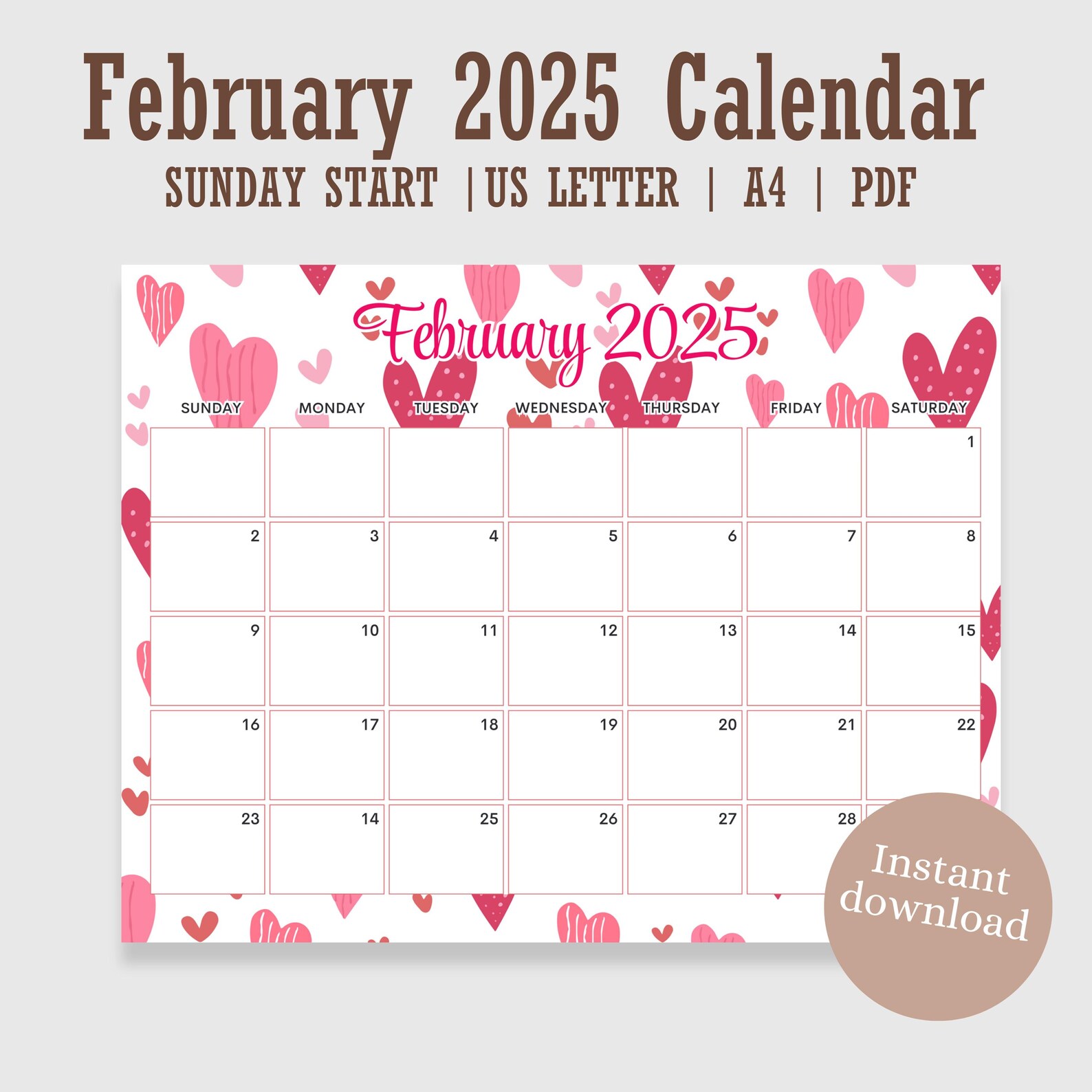 February 2025 Calendar Hearts Printable Kid Calendar 2025 Wall Calendar ...