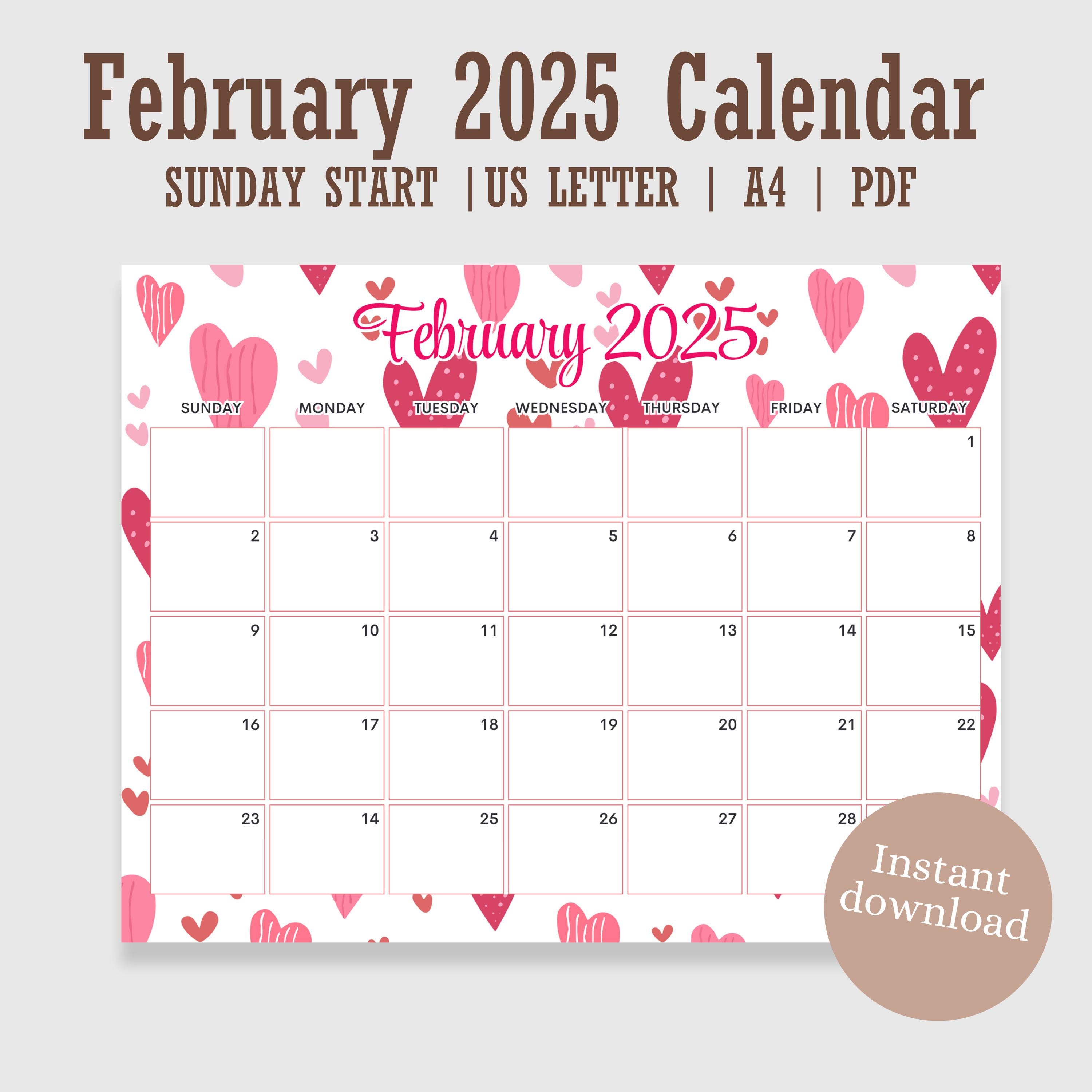 February 2025 Calendar Hearts Printable Kid Calendar 2025 Wall Calendar ...
