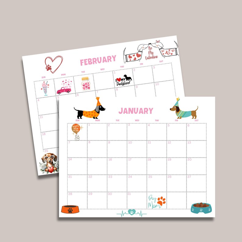 Dog Calendar 2024 2025 Printable Wall Calendar Dachshunds Wiener Dog ...