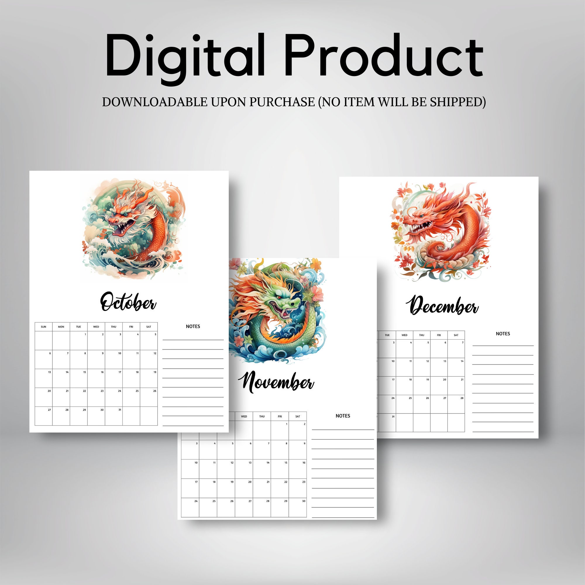 Dragon Calendar 2024 Printable Monthly Fillable Vertical Wall Calendar ...