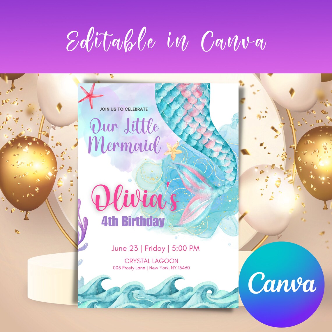 Editable Mermaid Invitation Mermaid Birthday Invite Under the Sea ...