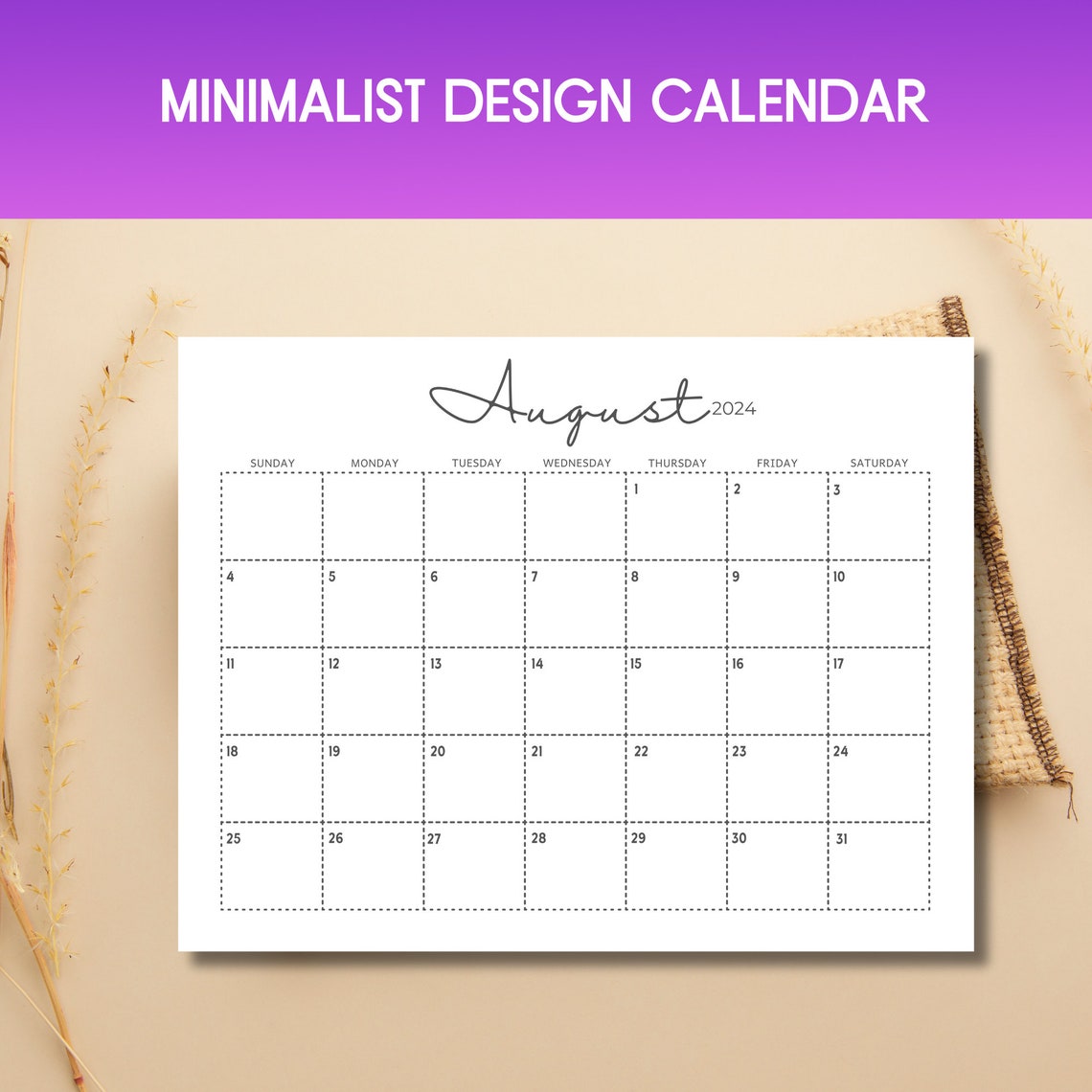 2024 Calendar 2024 Minimalist Calendar Printable Landscape Sunday Start ...