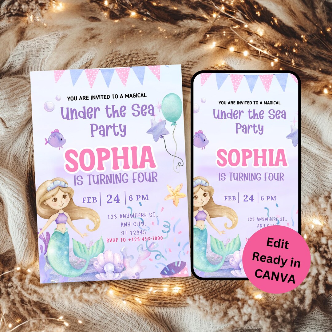 Editable Mermaid Invitation Mermaid Birthday Invite Under the Sea ...