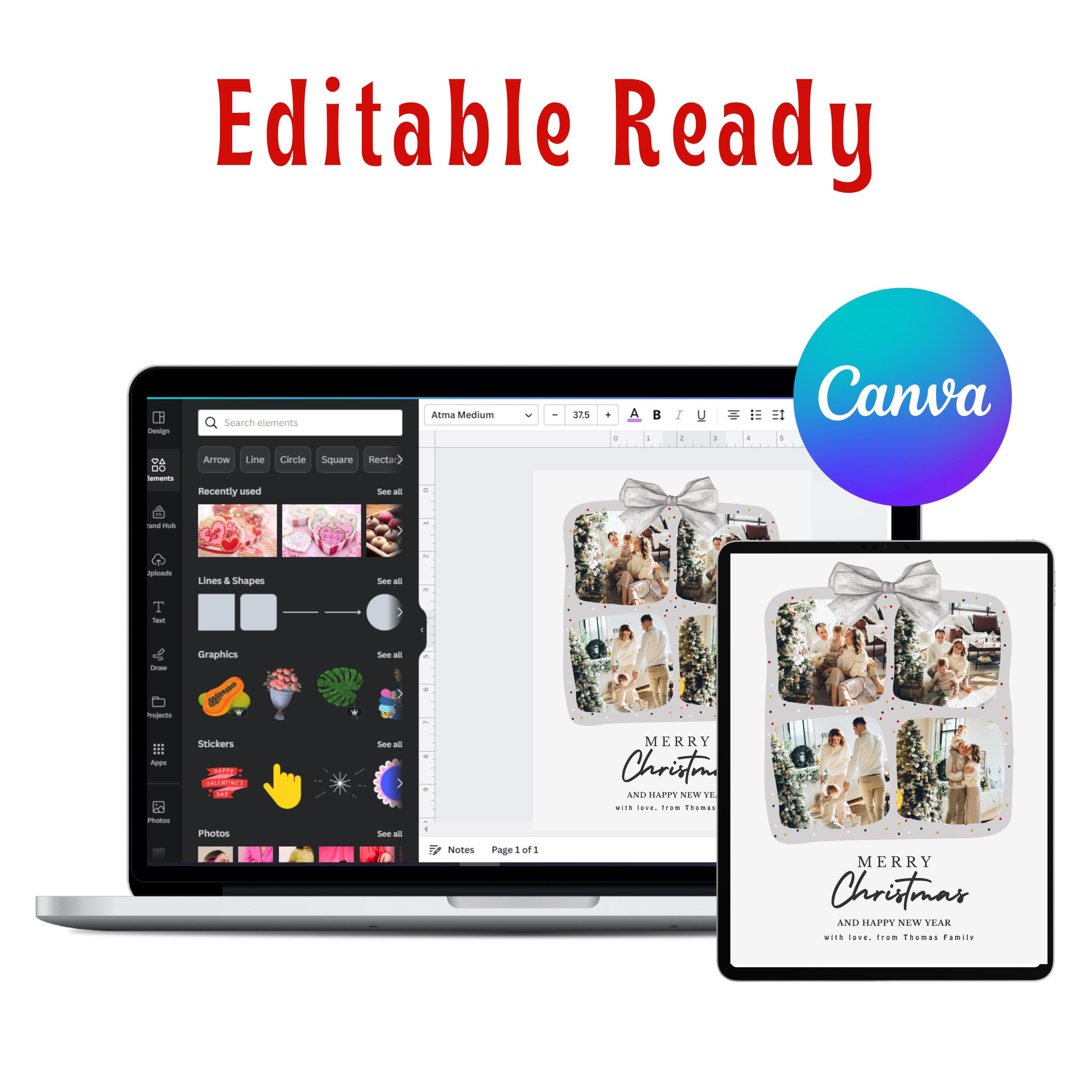 Custom Christmas Card Photo Card Editable Printable 4 Photographs Place ...