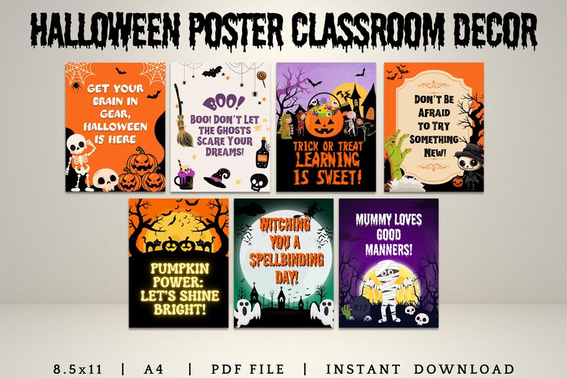 Halloween Funny Posters Room Decor Set 7 Teacher Elementary Puns ...