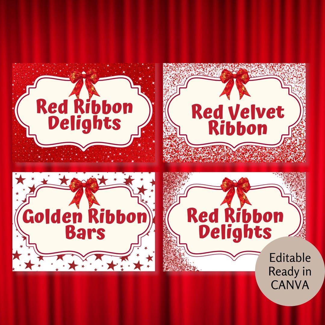 Editable Red Ribbon Party Food Label Ribbon Blank Food Tent Cards Label ...