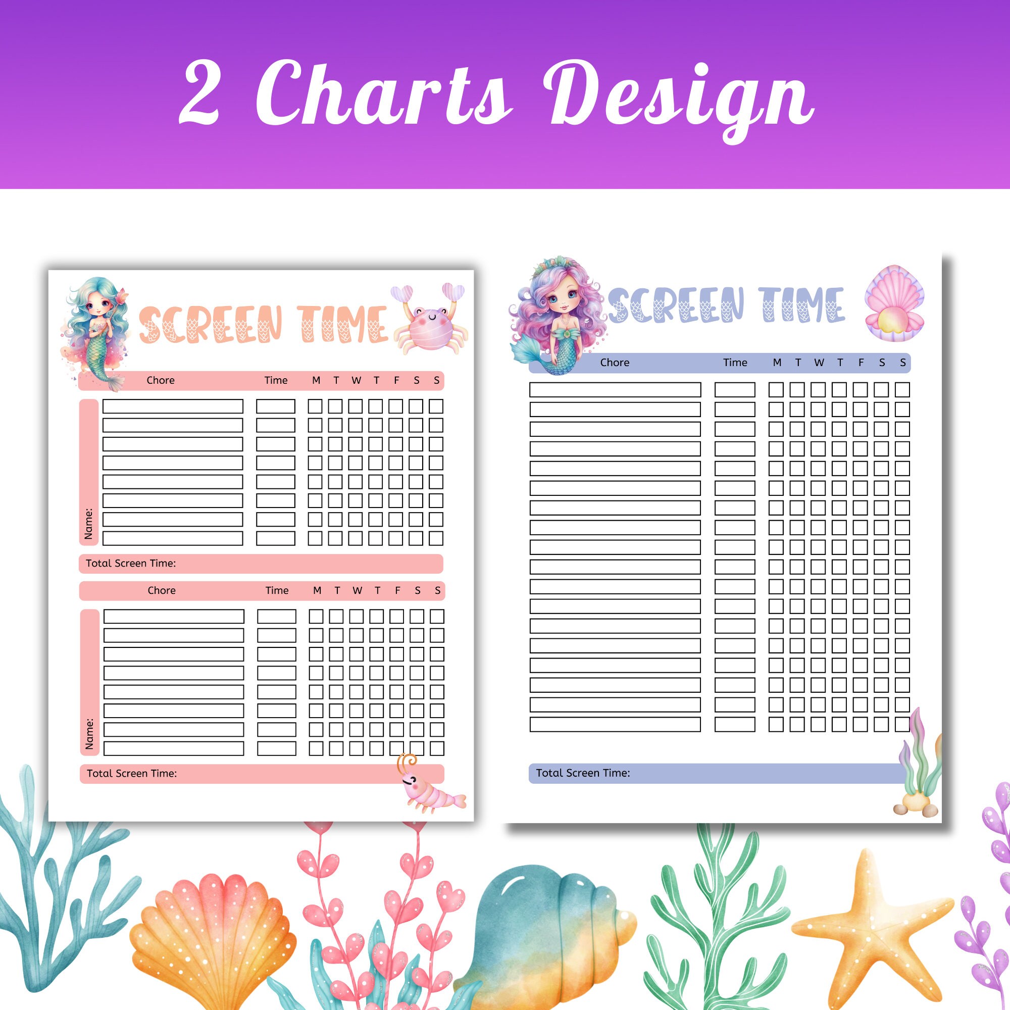 Mermaid Screen Time Chore Chart for Kids Printable Screen Time Tracker ...