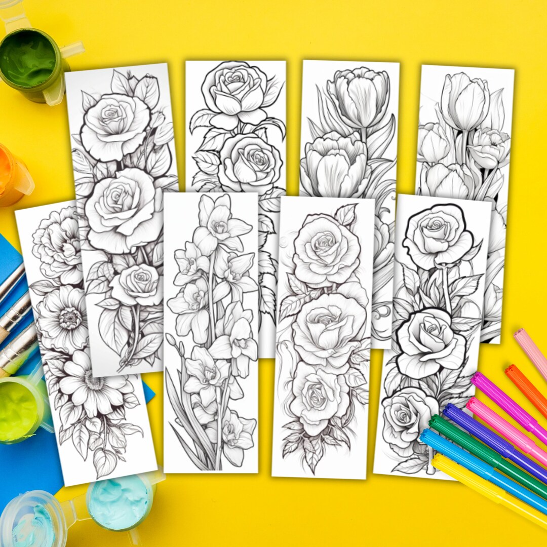 Printable Floral Coloring Bookmark Set of 8 Flower Coloring Pages for ...