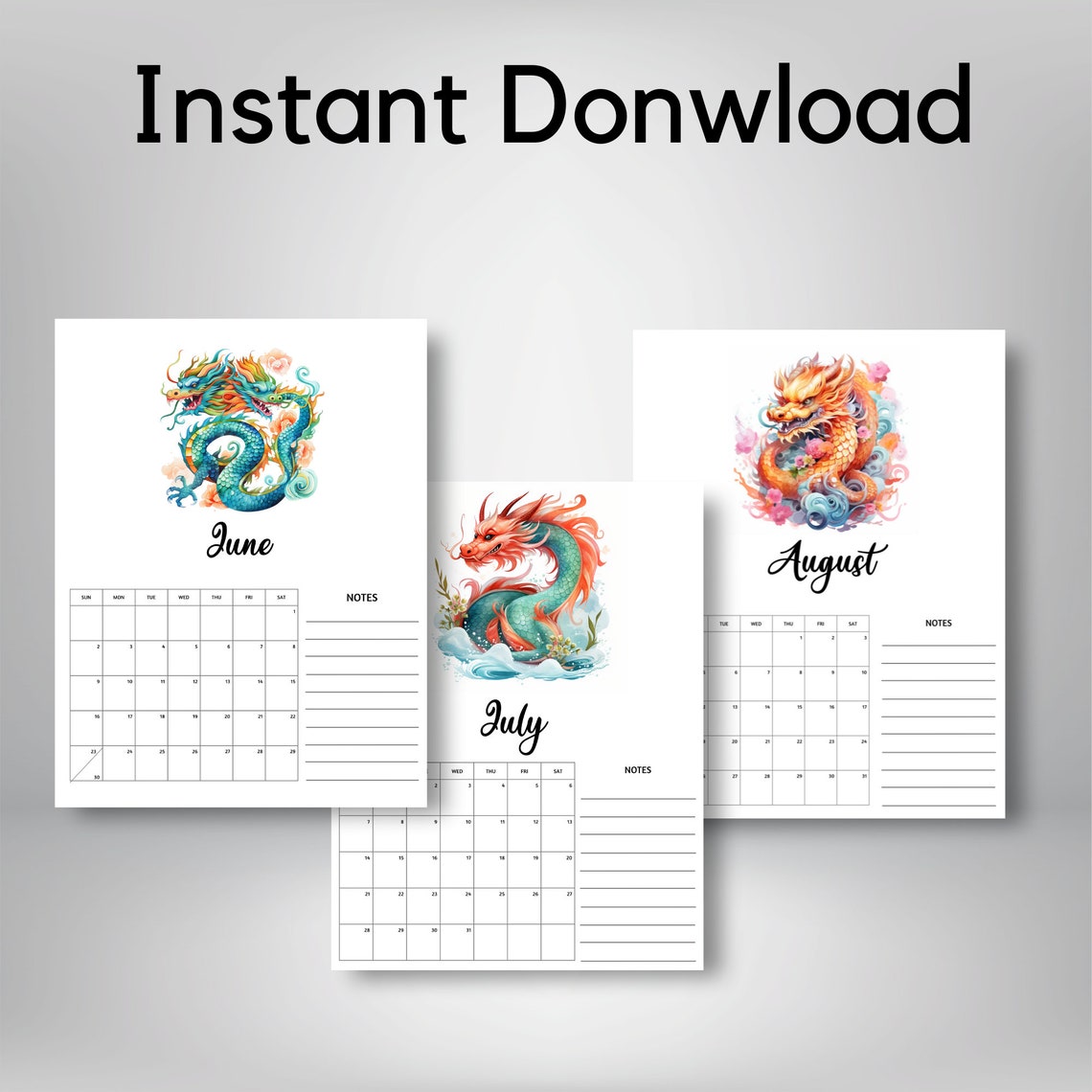 Dragon Calendar 2024 Printable Monthly Fillable Vertical Wall Calendar ...