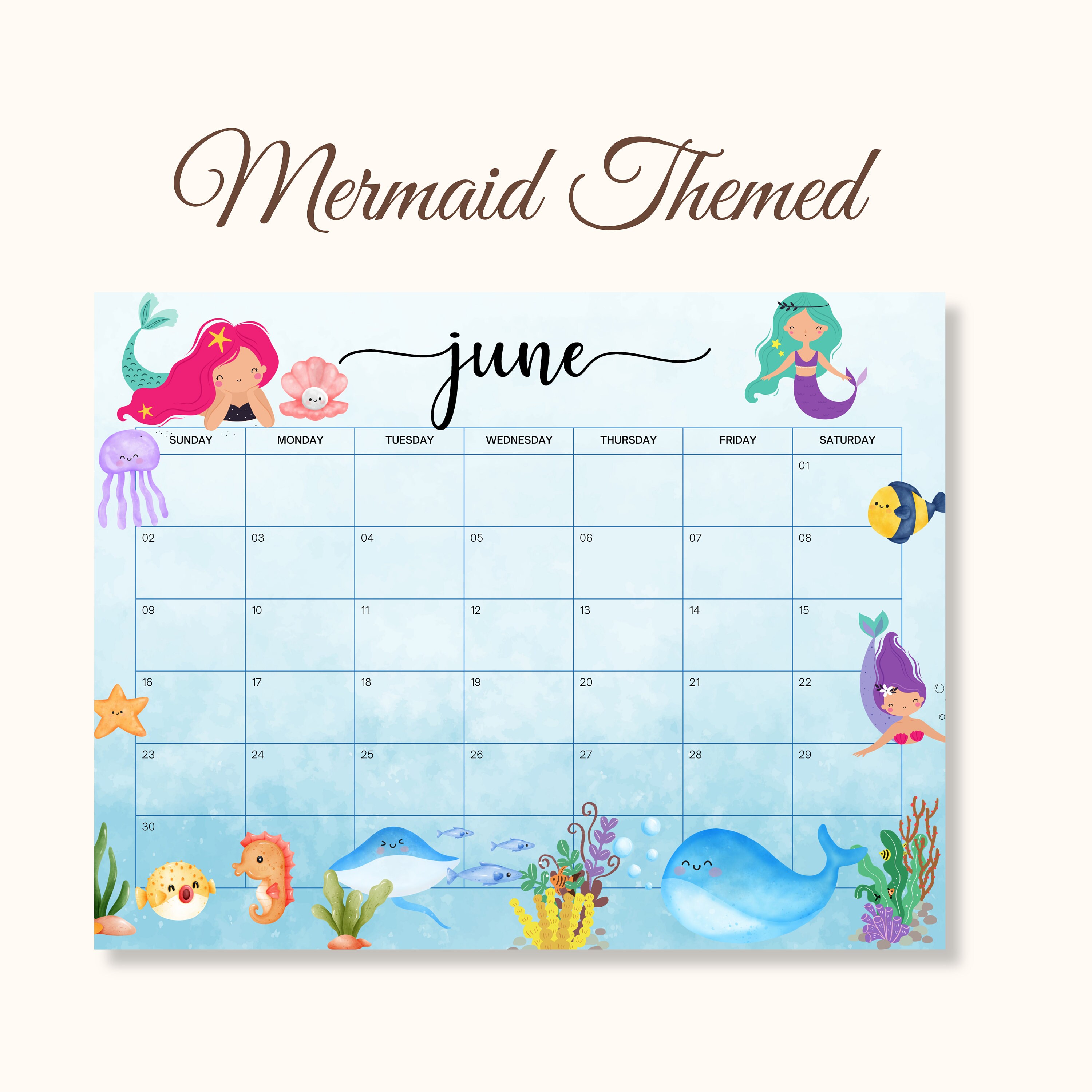 June 2024 Calendar Printable Kids Mermaid 2024 Calendar School June ...