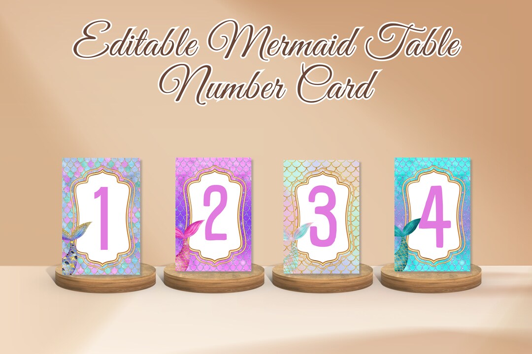 Editable Mermaid Party Table Number Card Set 4 Designs Rainbow Scales ...