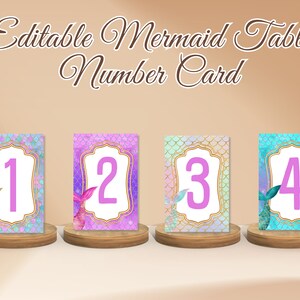 Editable Mermaid Party Table Number Card Set 4 Designs Rainbow Scales ...