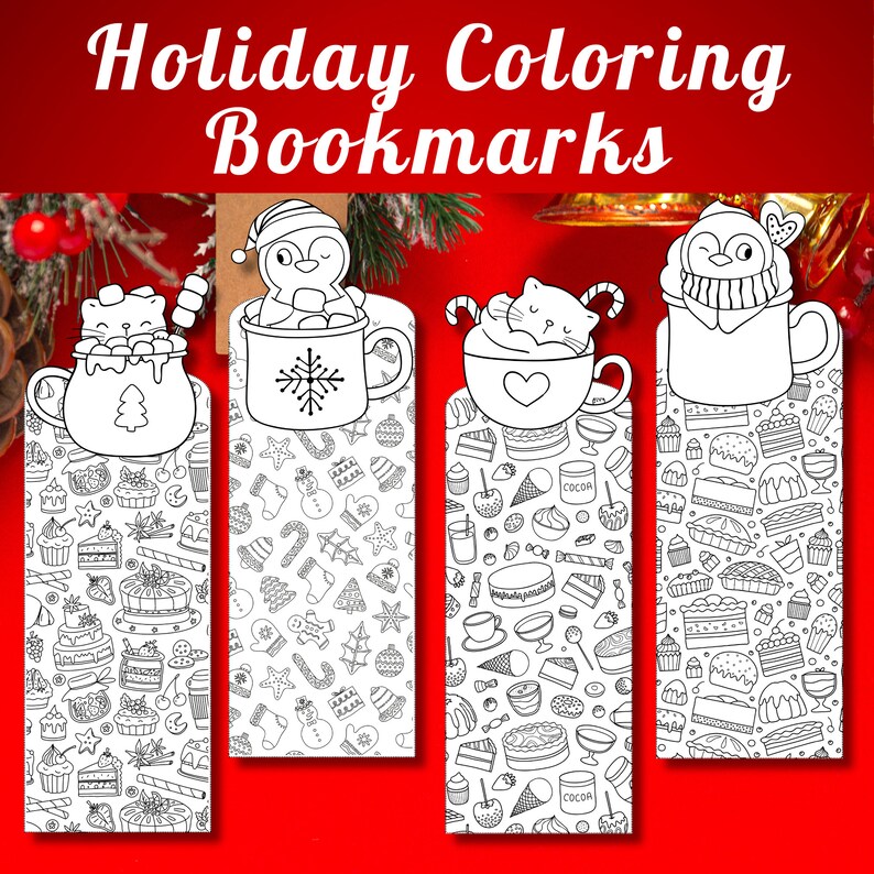 Coloring Bookmarks for Kids Toppers Cats Penguins Christmas Coloring ...
