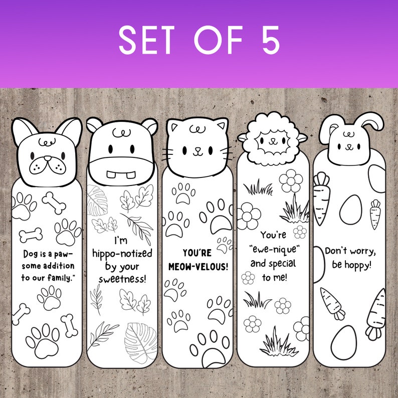 Animal Bookmarks Set of 5 Coloring Bookmarks Printable Coloring ...