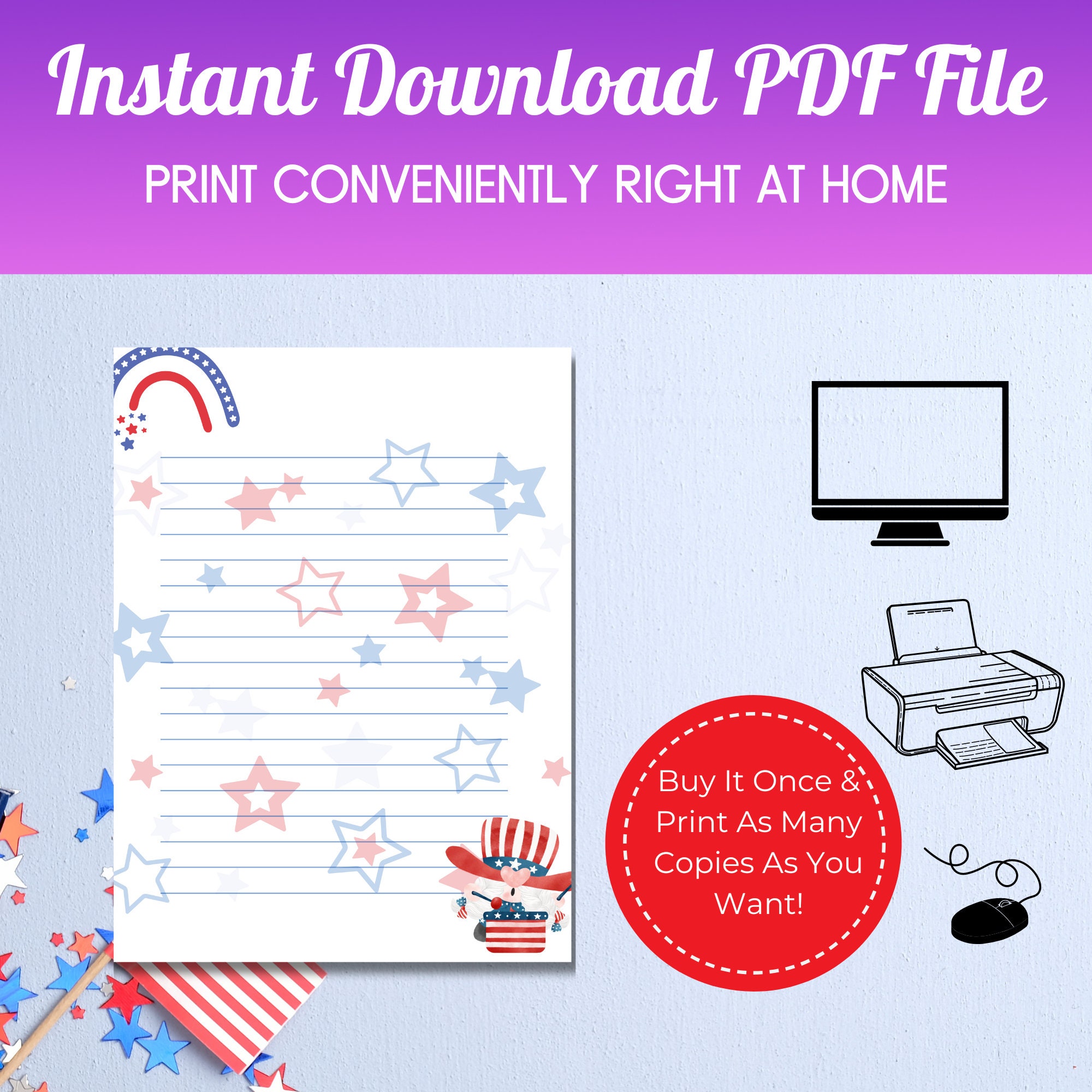 4th of July Stationery Set Printable Independence Day Paper Fourth of ...