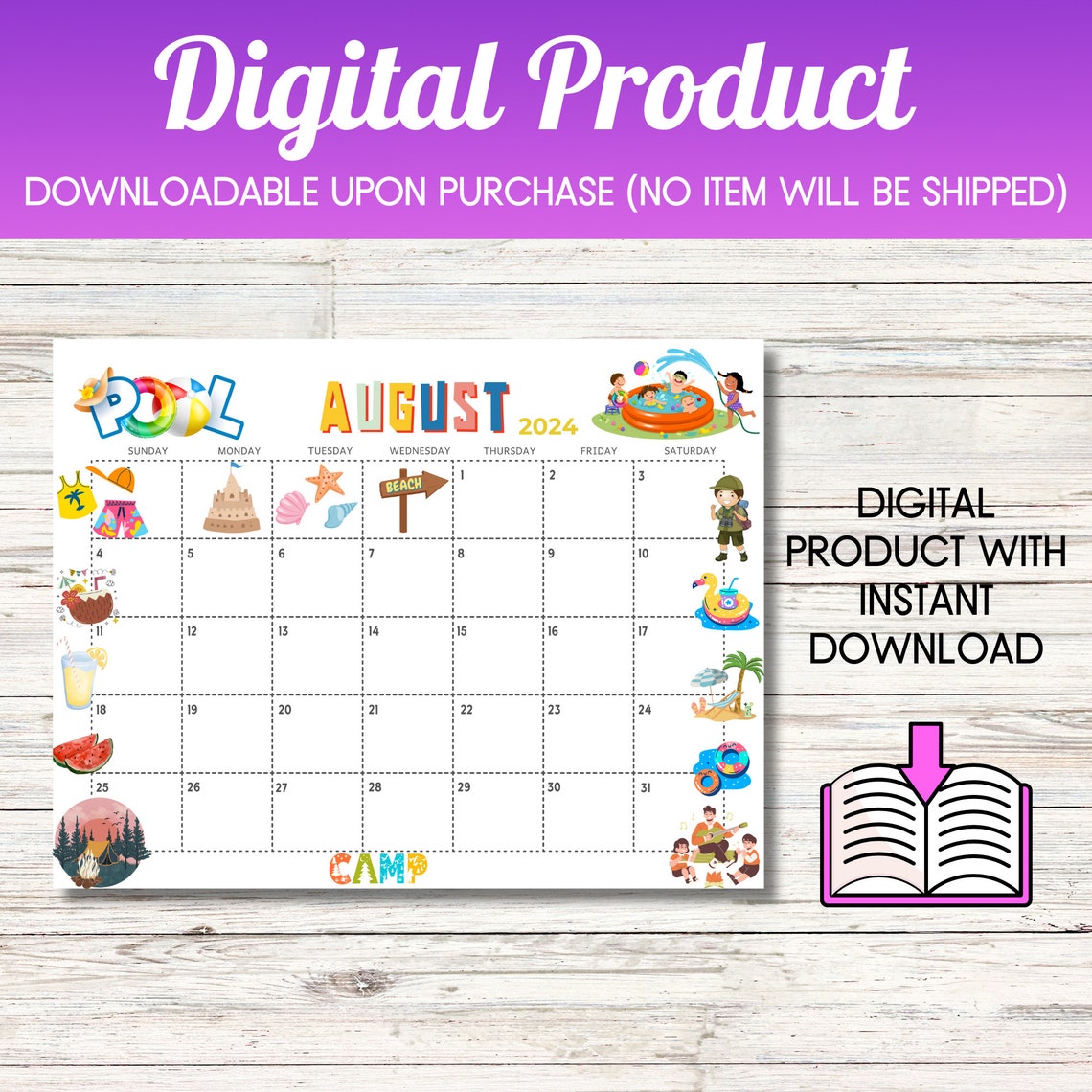 August 2024 Calendar Printable Kids Calendar 2024 Fillable Calendar ...