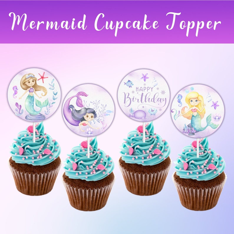 Mermaid Cupcake Topper Printable Mermaid Watercolor Birthday Mermaid ...