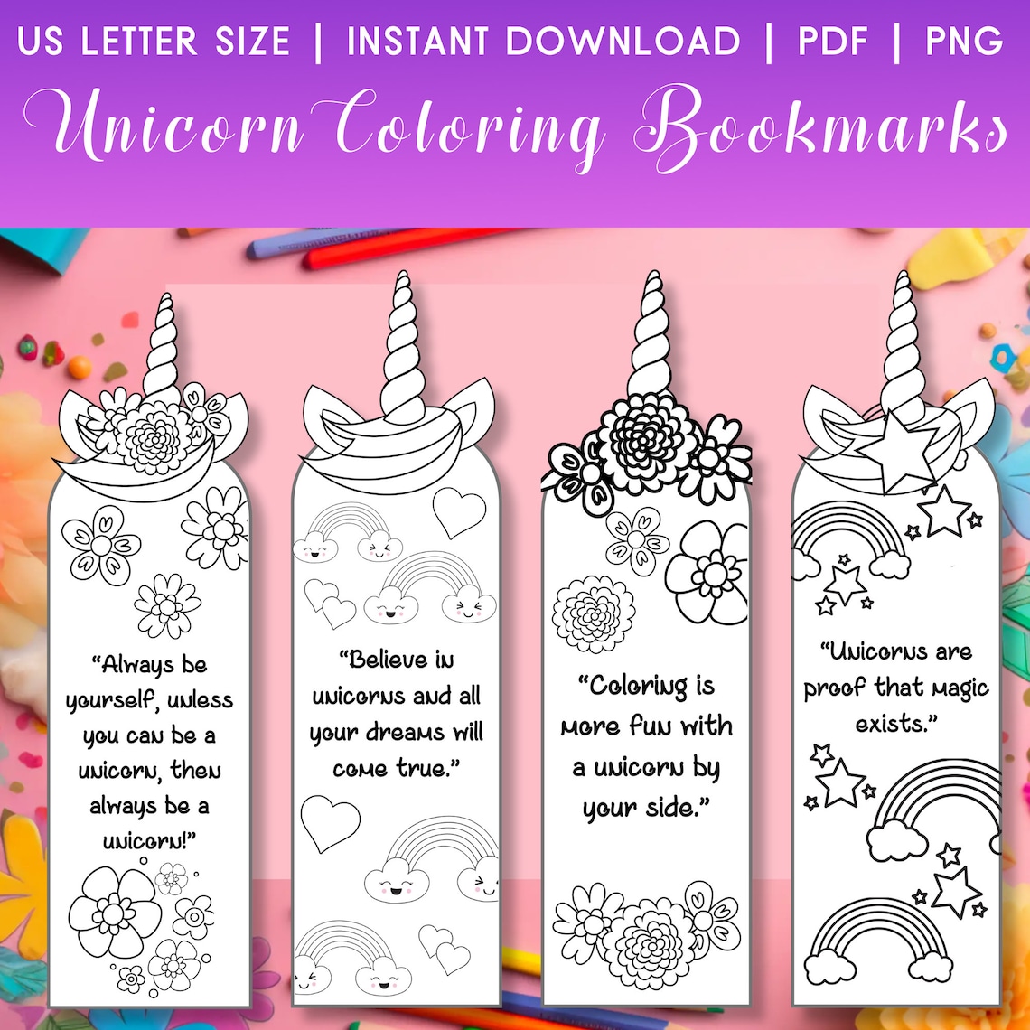 Unicorn Bookmarks Coloring Page Printable for Birthday Favors Unicorn ...