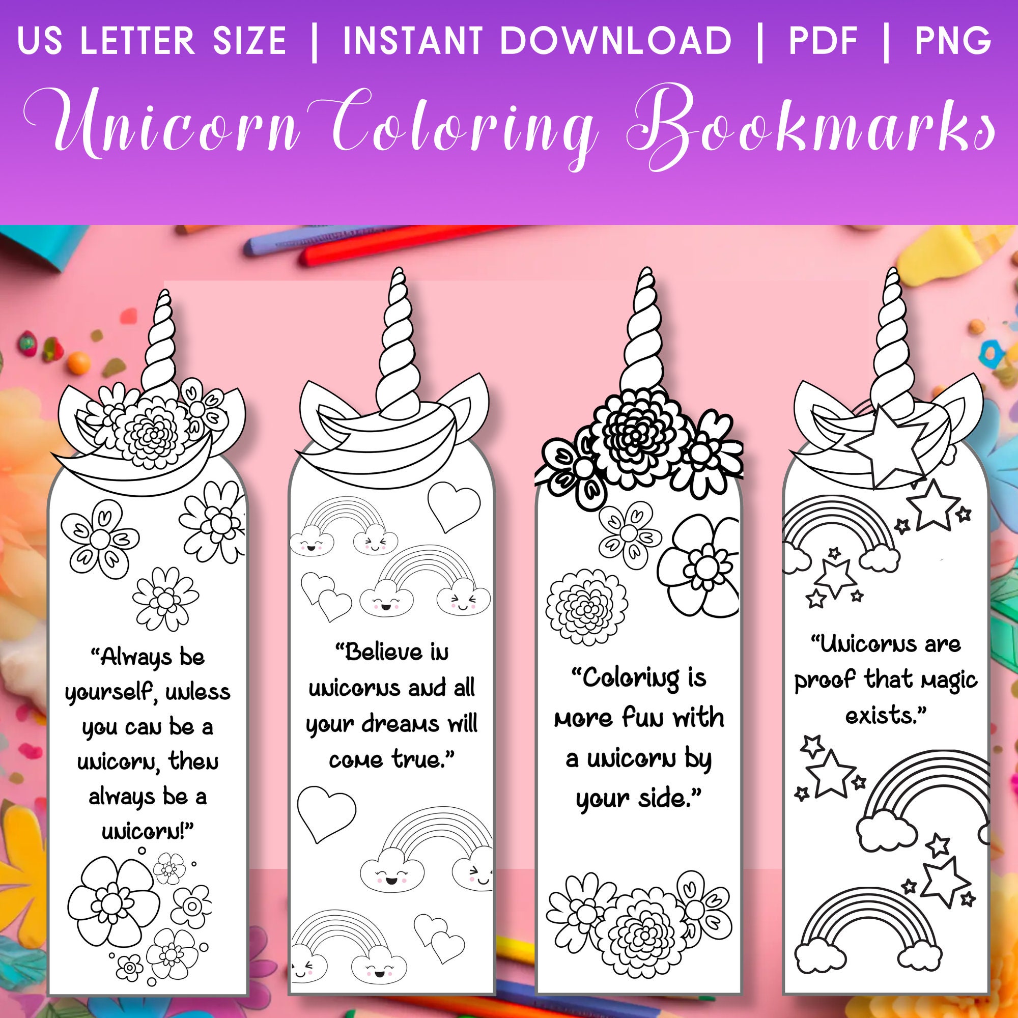 Unicorn Bookmarks Coloring Page Printable for Birthday Favors Unicorn ...