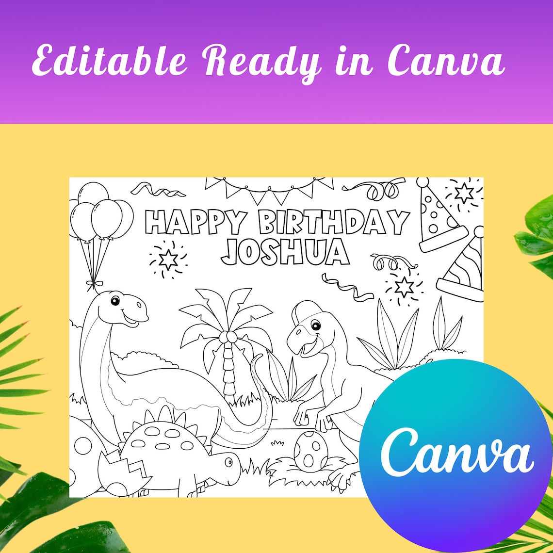 Editable Dinosaur Birthday Coloring Page Dinosaur Coloring Placemat ...