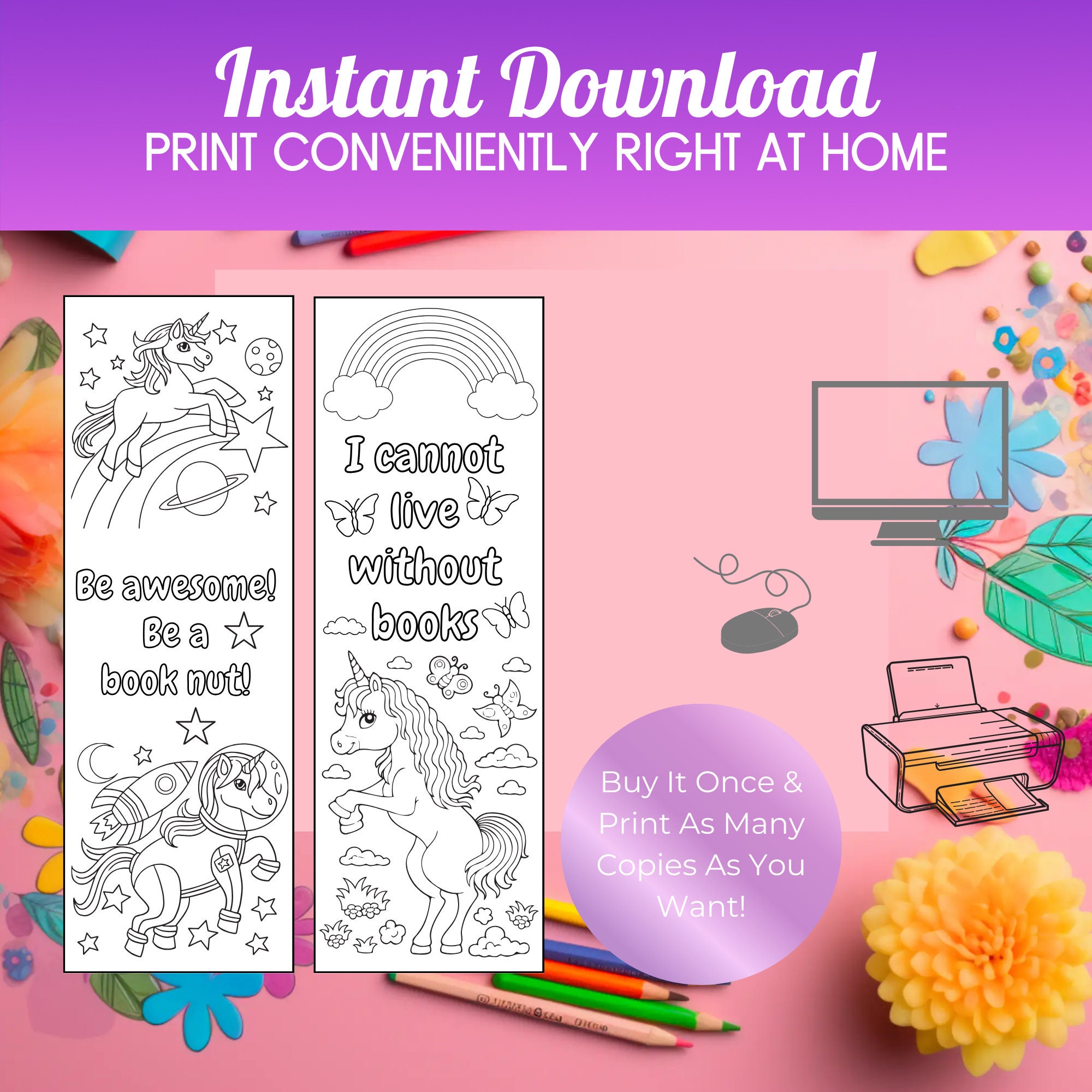 Unicorn Coloring Bookmarks Printable Unicorn Coloring Bookmarks for ...