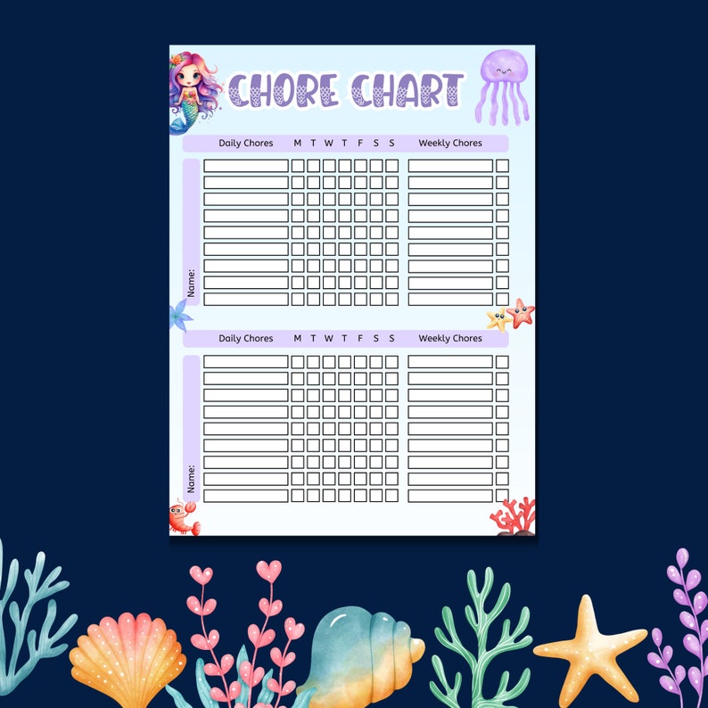 Mermaid Printable Chore Chart for Kids Checklist Routine Chart - Etsy
