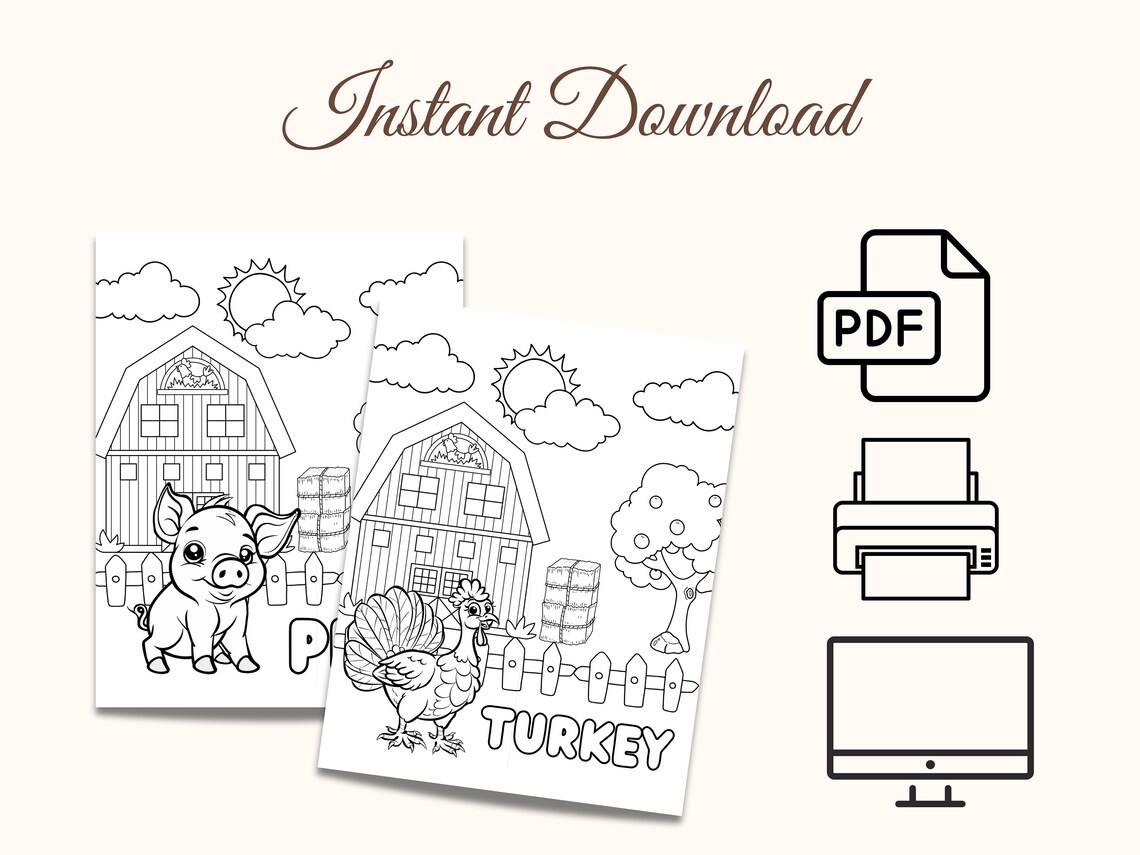 Farm Animals Farm Scene Coloring Set Educational Learning Printable ...