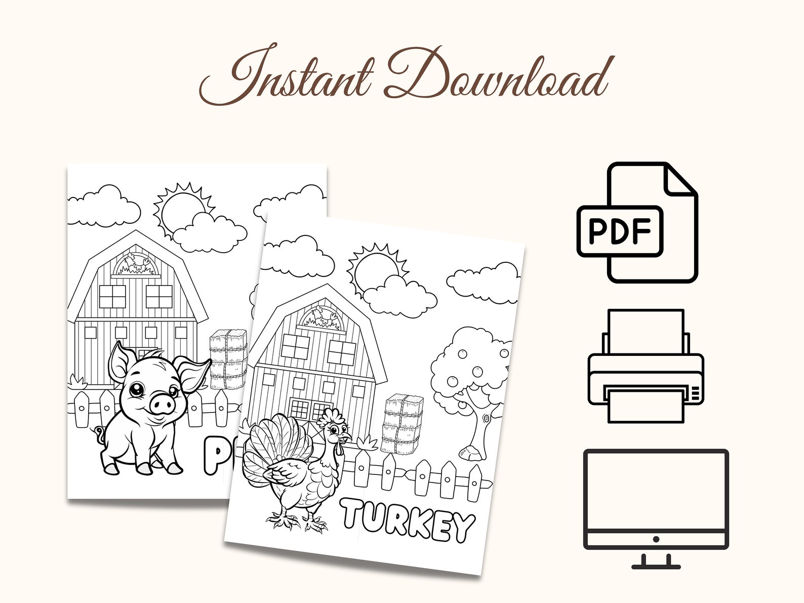 Farm Animals Farm Scene Coloring Set Educational Learning Printable ...