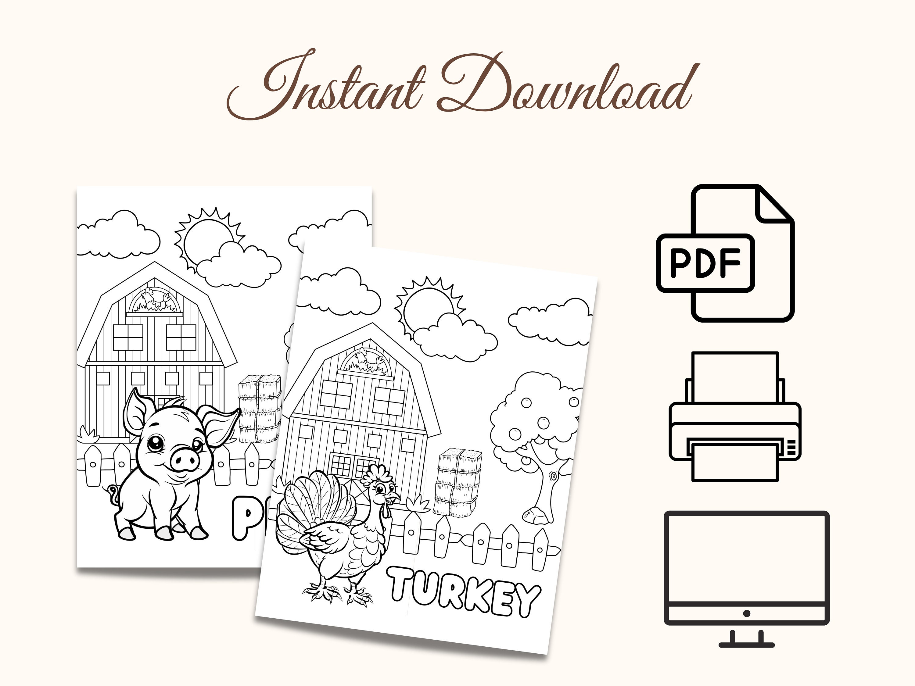Farm Animals Farm Scene Coloring Set Educational Learning Printable ...