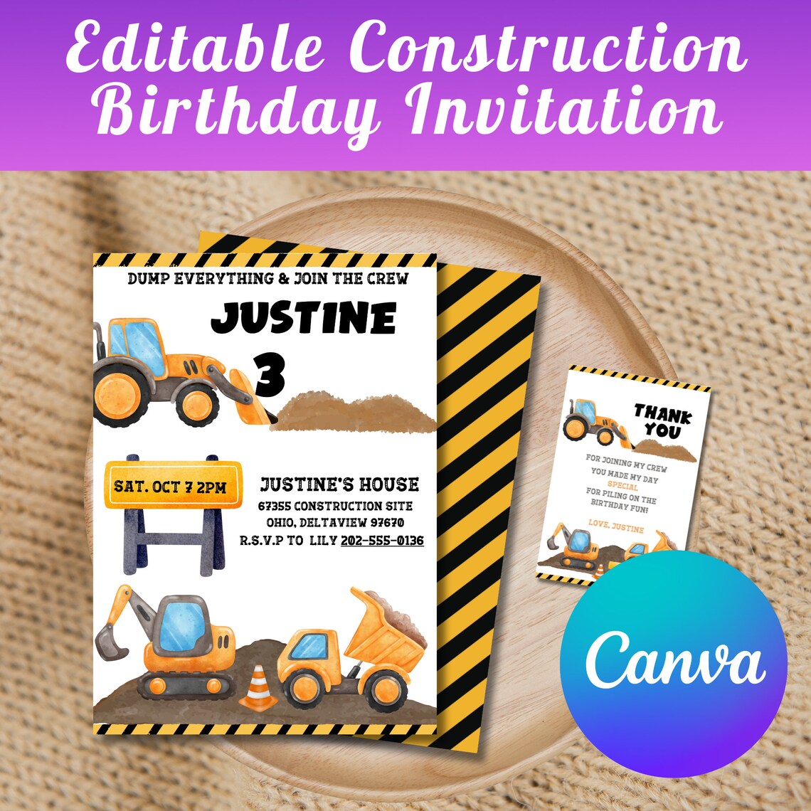 Editable Construction Birthday Invitation Printable - Etsy