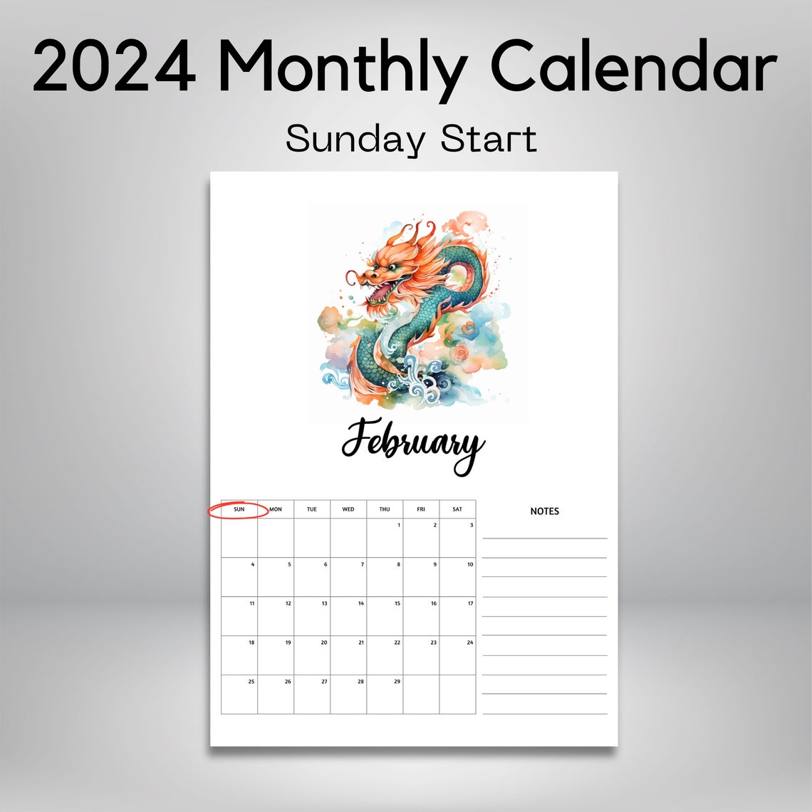 Dragon Calendar 2024 Printable Monthly Fillable Vertical Wall Calendar ...