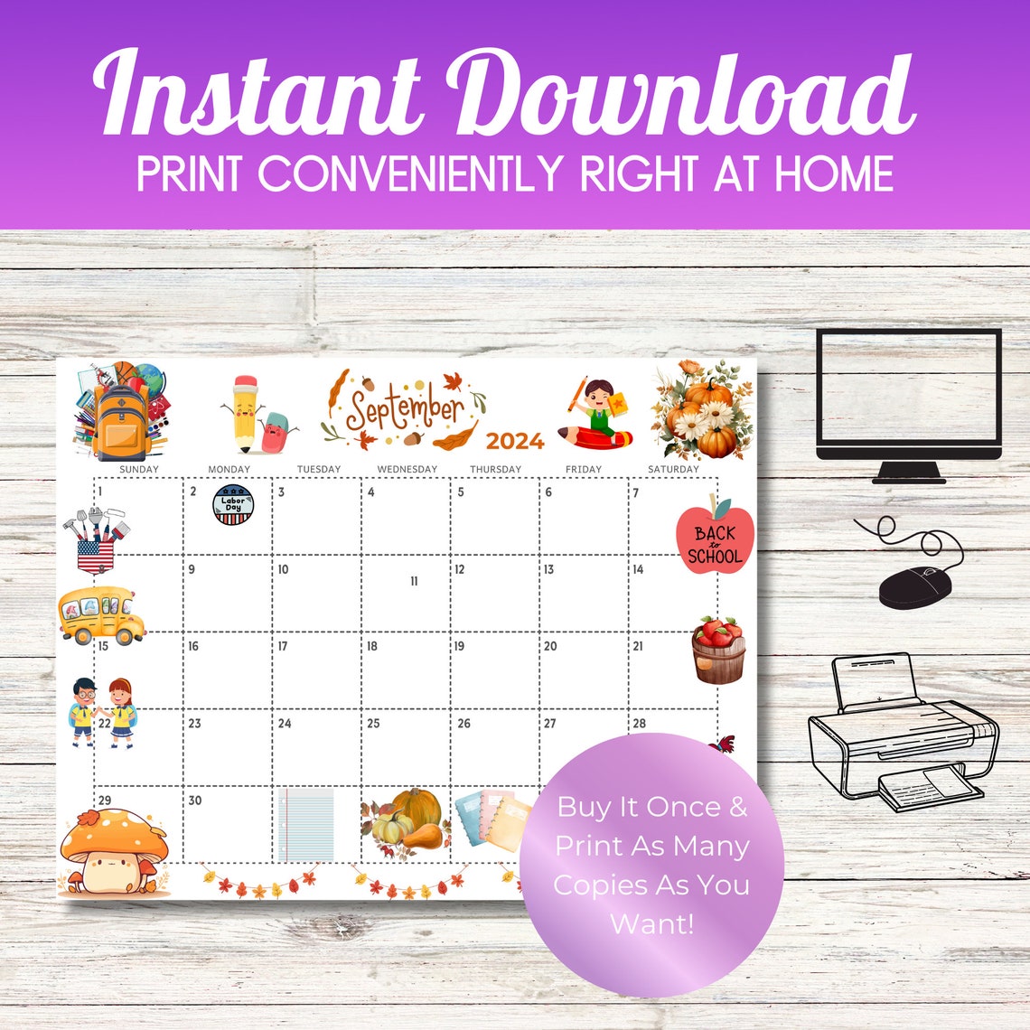 September 2024 Calendar Printable Kids Calendar 2024 Calendar Classroom ...