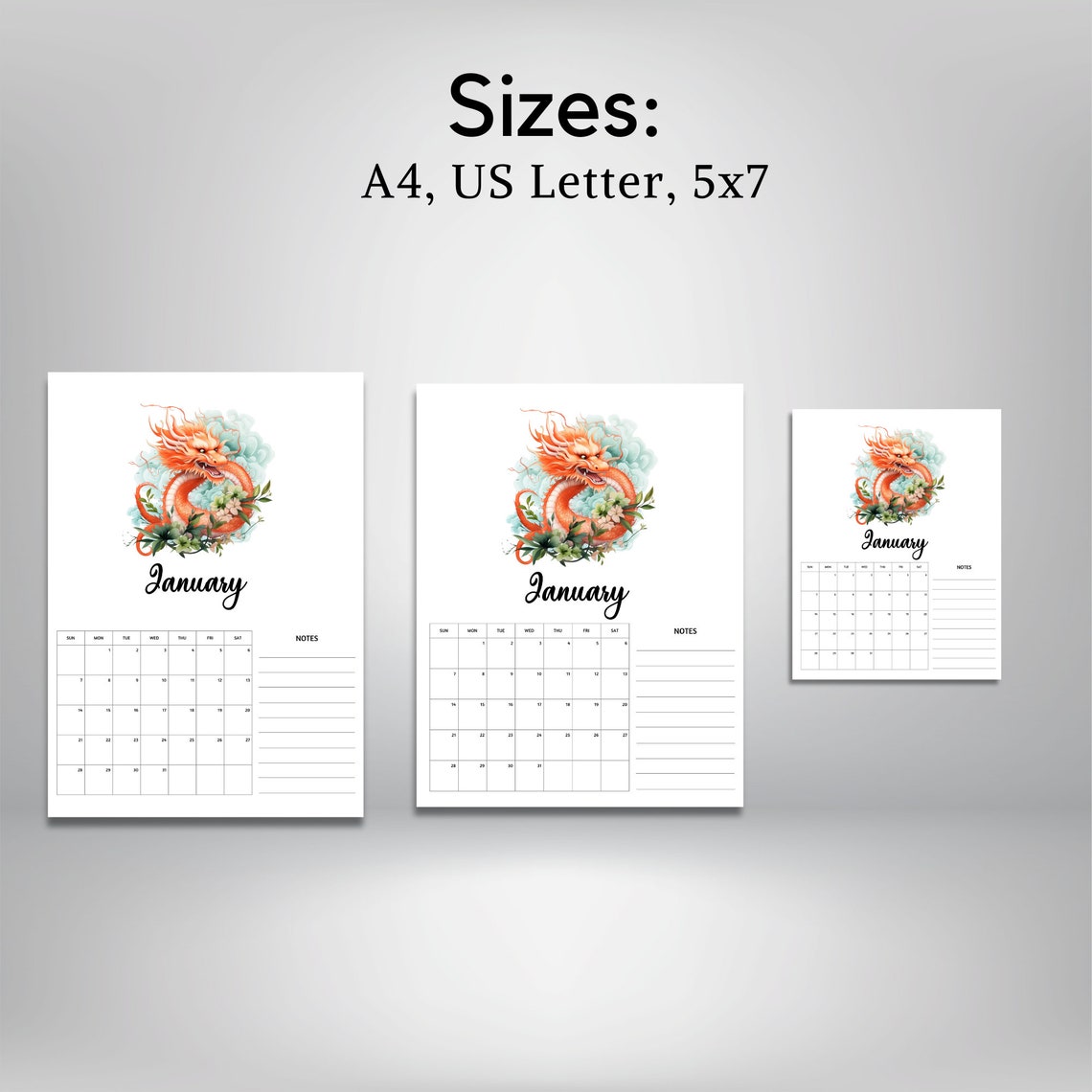 Dragon Calendar 2024 Printable Monthly Fillable Vertical Wall Calendar ...