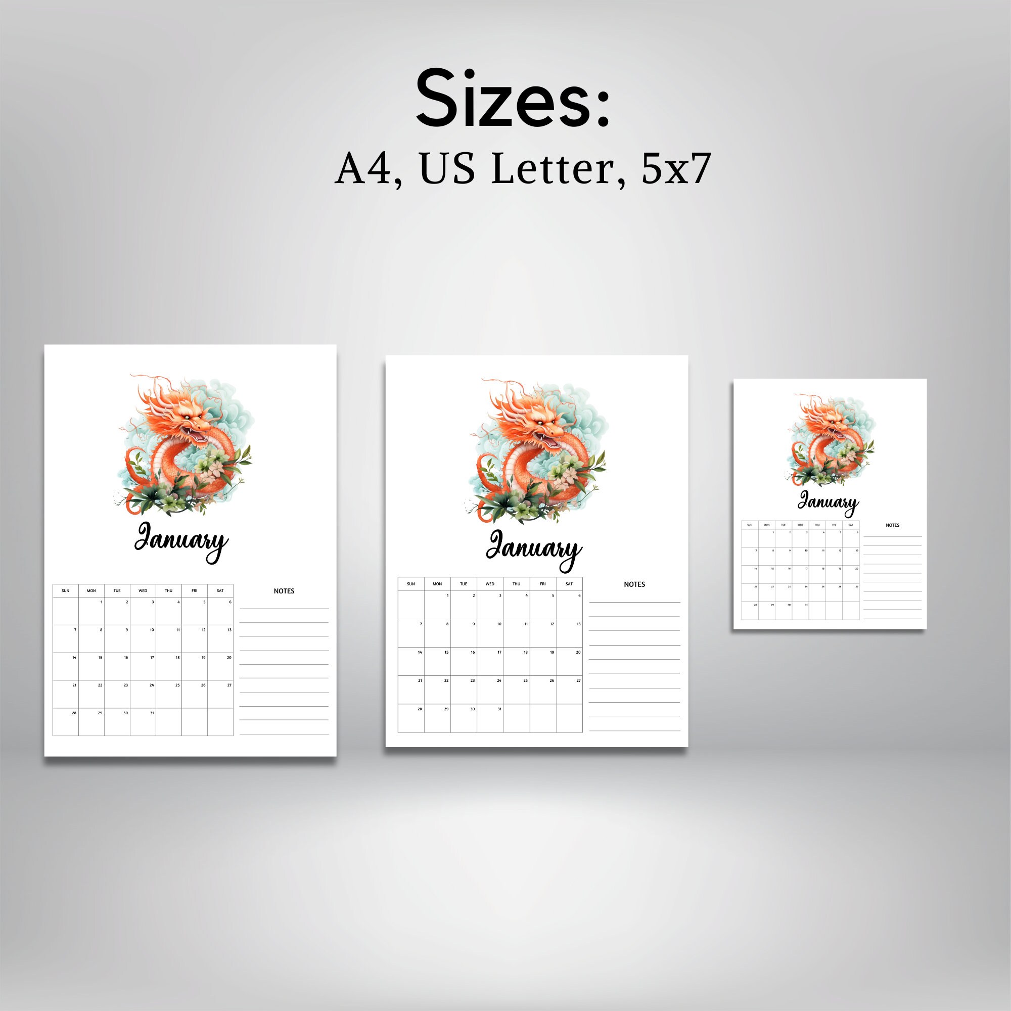 Dragon Calendar 2024 Printable Monthly Fillable Vertical Wall Calendar ...