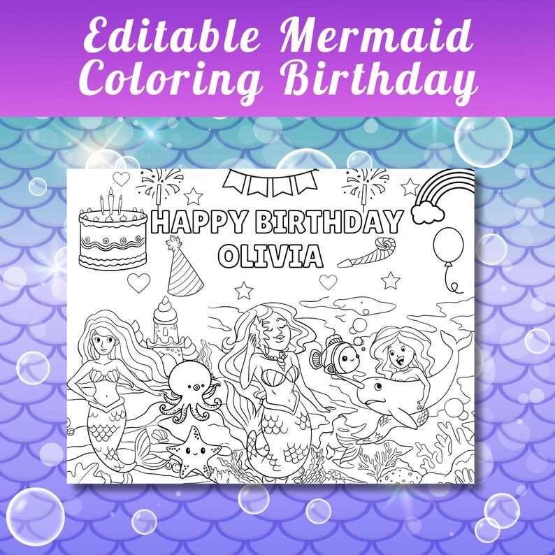 Editable Mermaid Birthday Coloring Mermaid Coloring Pages Mermaid ...