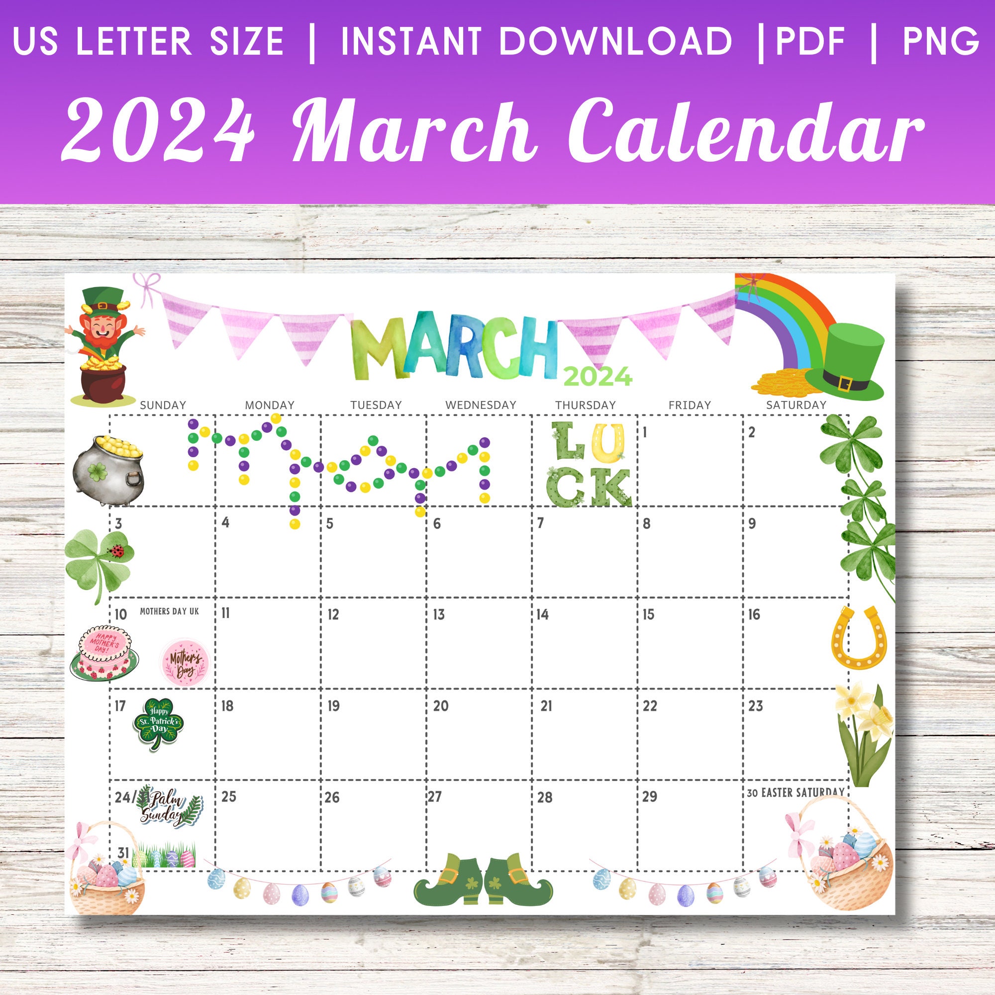 March 2024 Calendar Printable Kids 2024 Calendar Classroom School March ...