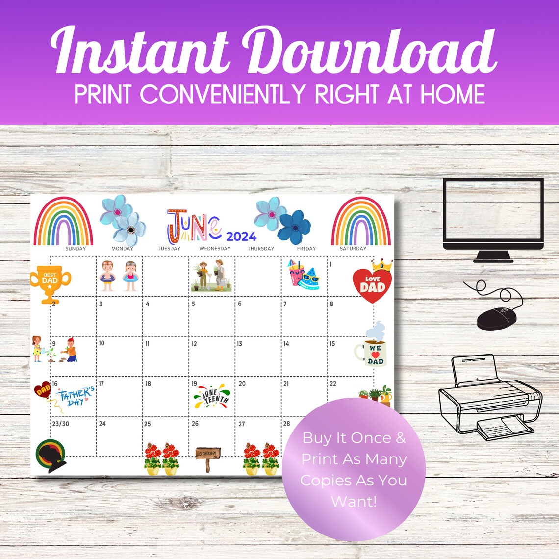 June 2024 Calendar Printable Kids 2024 Calendar Classroom School June ...