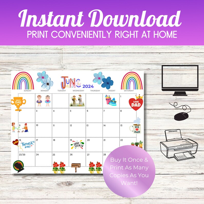 June 2024 Calendar Printable Kids 2024 Calendar Classroom School June ...