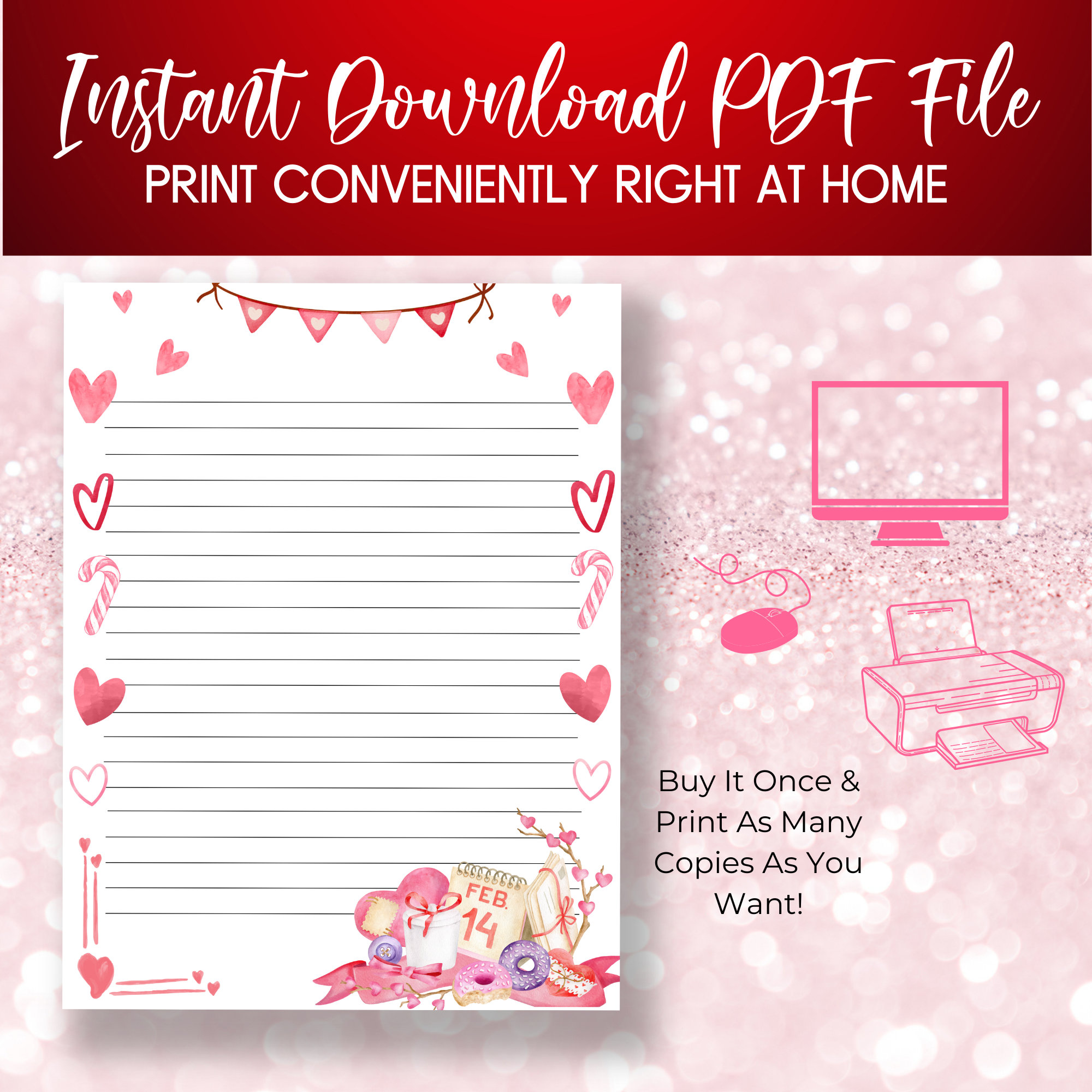 Printable Valentines Stationery Set Heart Stationery Love Stationery ...