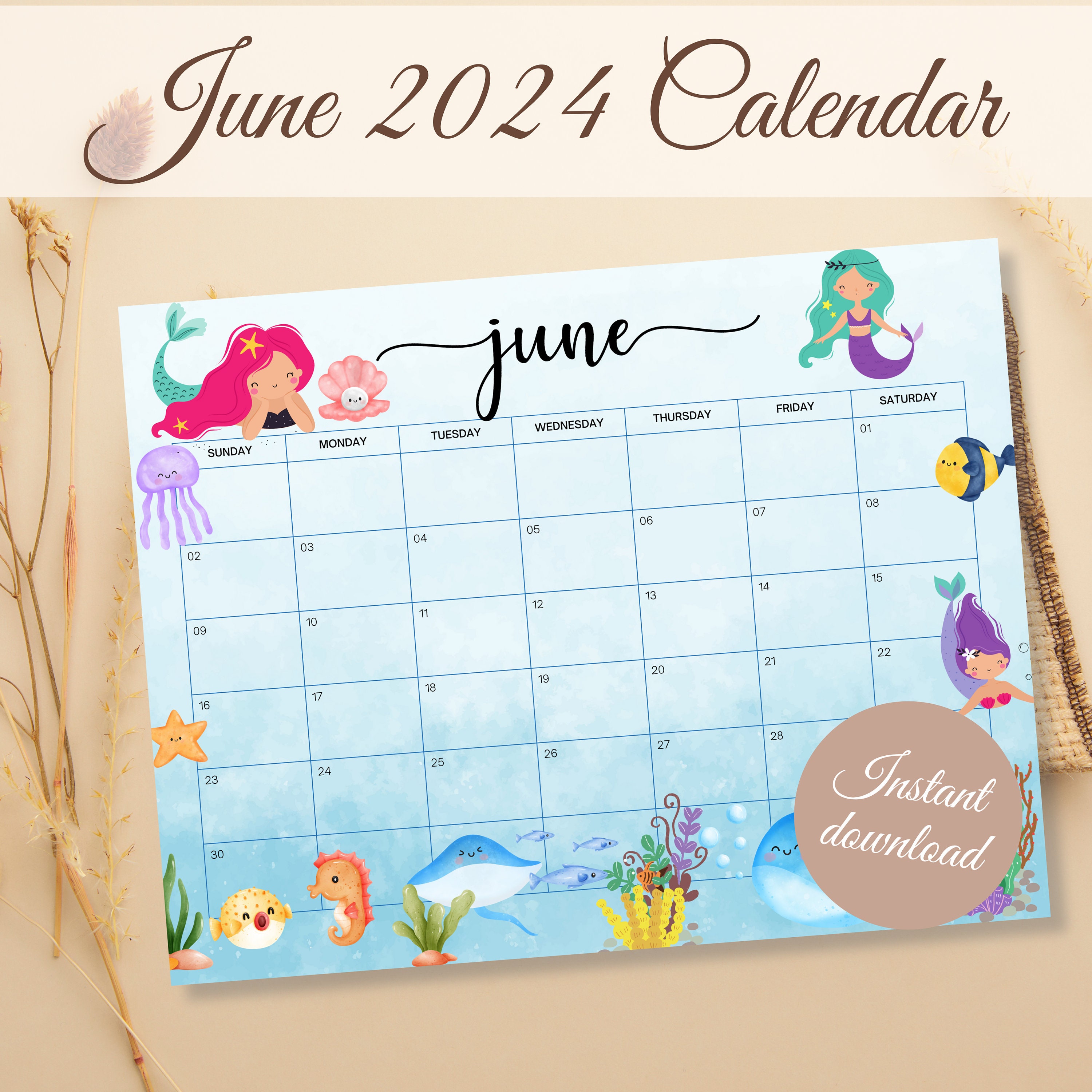 June 2024 Calendar Printable Kids Mermaid 2024 Calendar School June ...