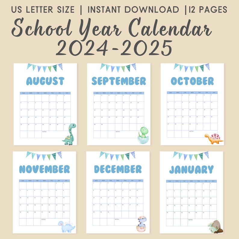 Dinosaur School Year Calendar 2024 2025 Calendar Printable for Kids ...