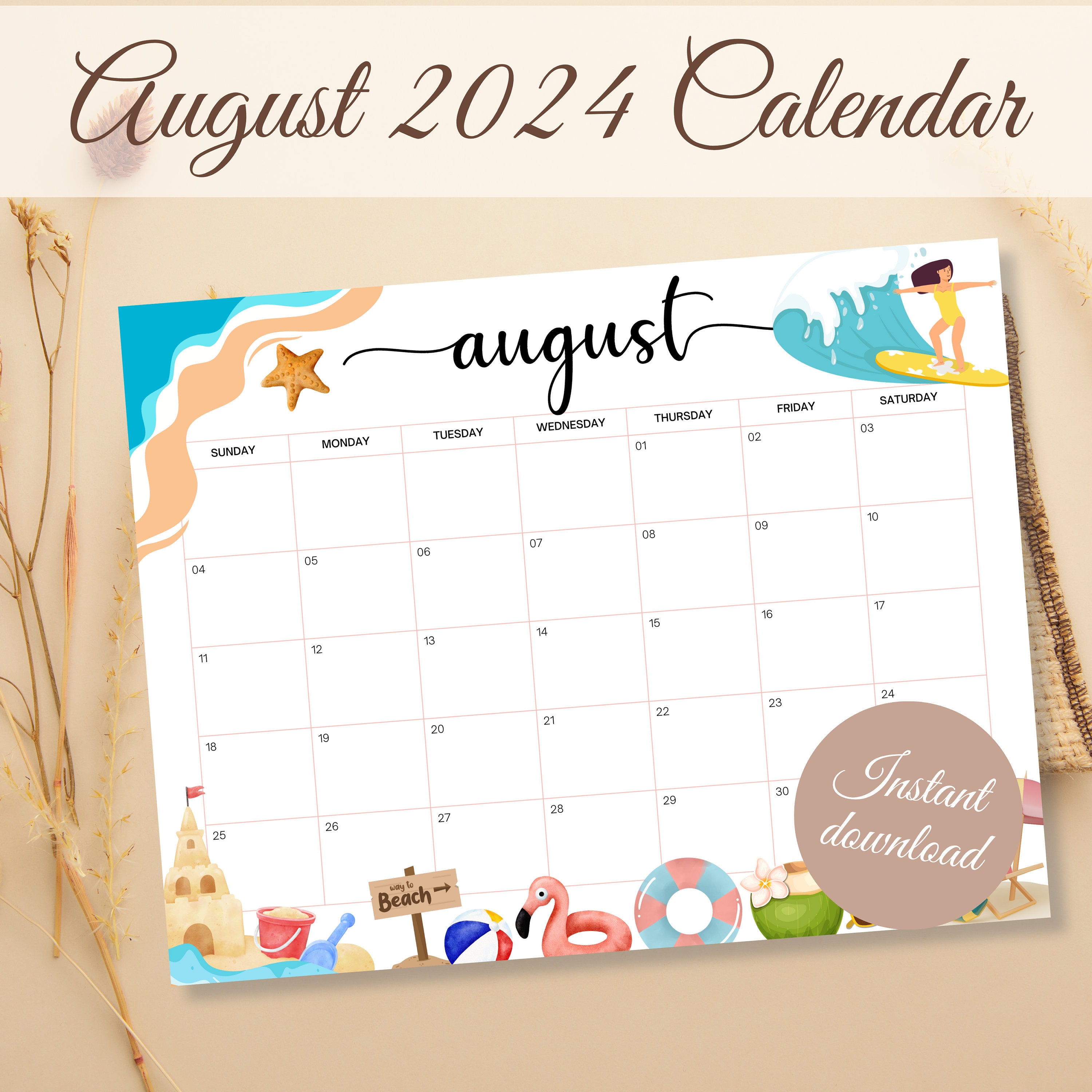 August 2024 Calendar Printable Kids Calendar 2024 Fillable Calendar ...