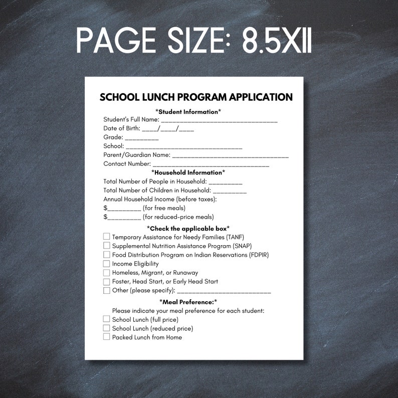 Printable School Lunch Program Application Form Instant Download - Etsy