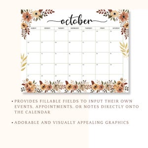 October 2024 Calendar Printable Kids Calendar Wall Fall Classic Floral ...