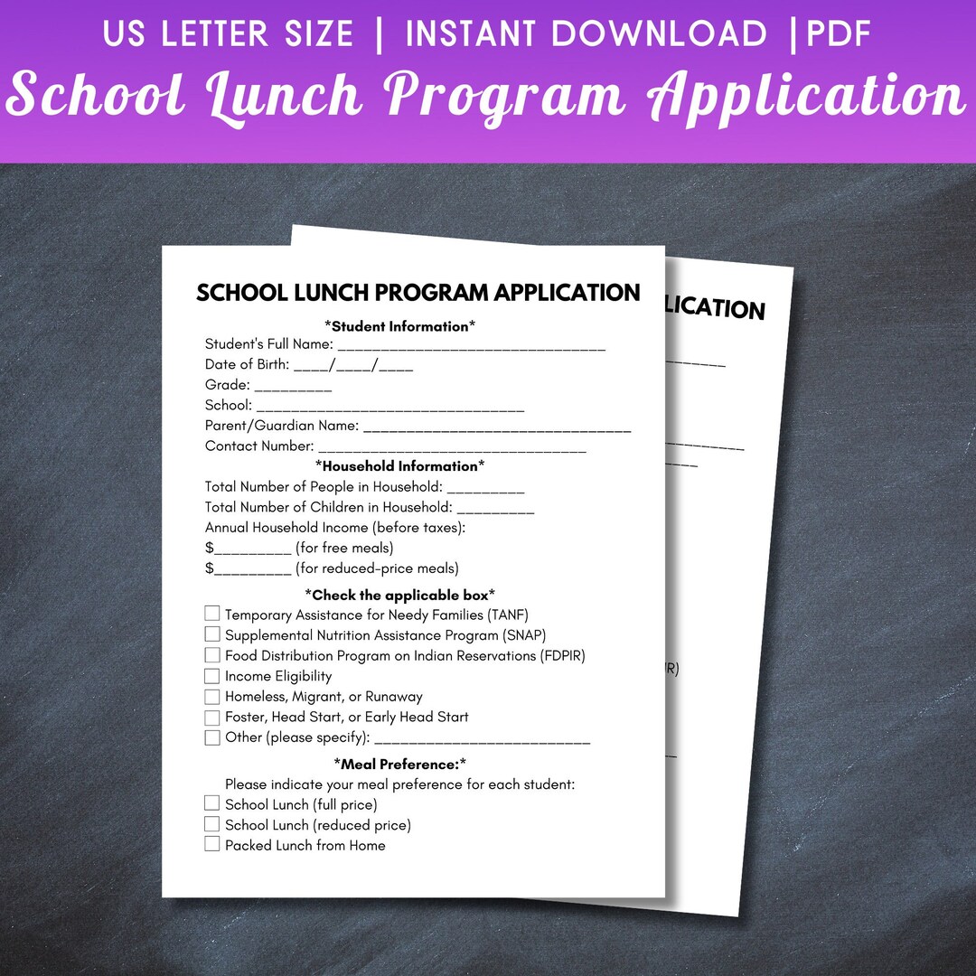 Printable School Lunch Program Application Form Instant Download - Etsy