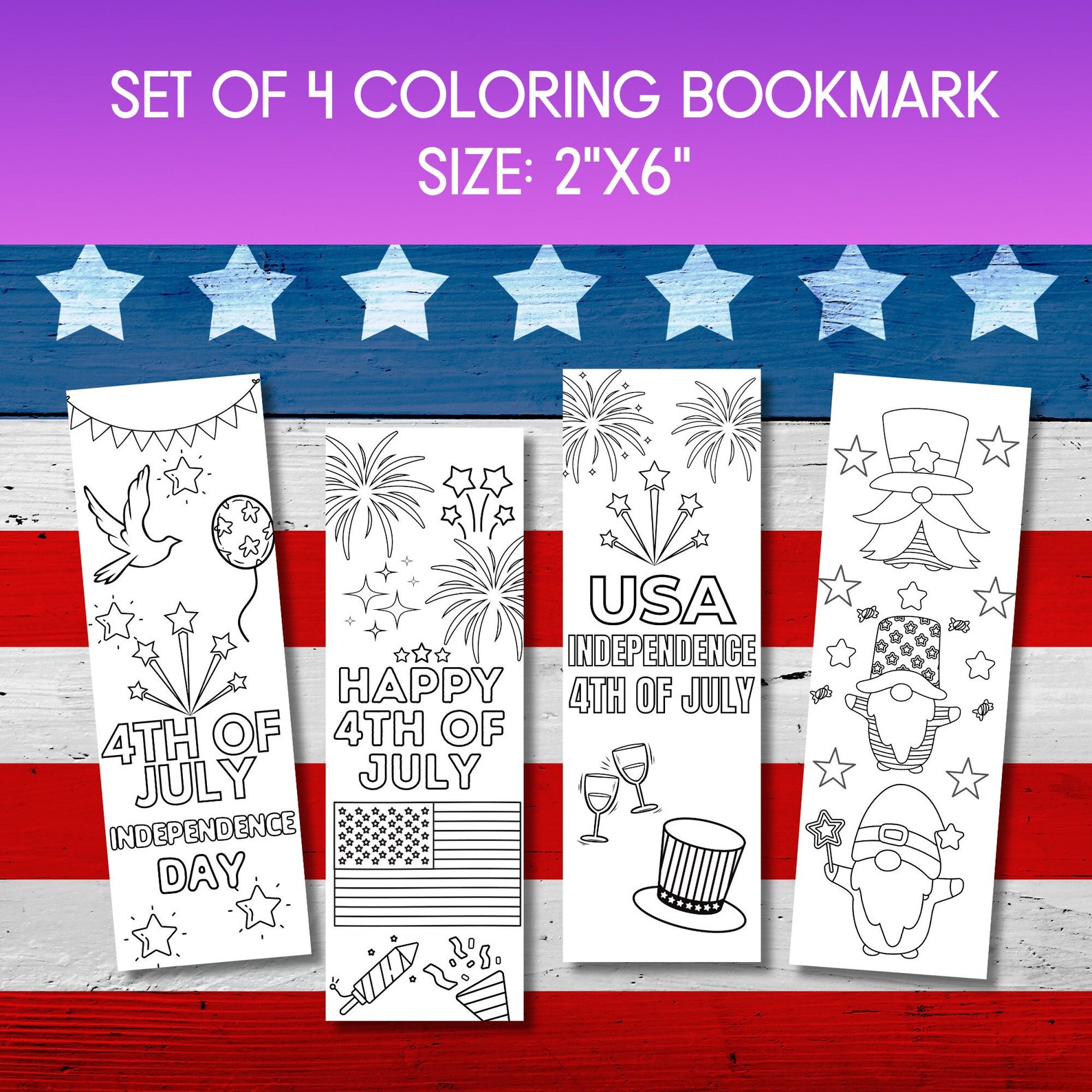 Kids 4th of July Coloring Bookmark Set of 4 Printable Patriotic ...