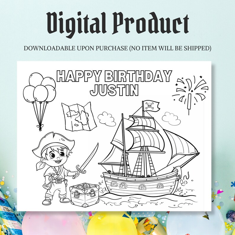 Editable Pirate Birthday Coloring Page Pirate Activity Birthday Favor ...