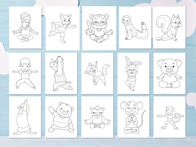 Animals Coloring Pages for Kids Printable Animals Doing Yoga Bundle 30 ...